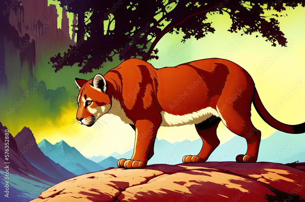 Colorful magic Mountain Lion, cartoon style painting. Generative ai art ...