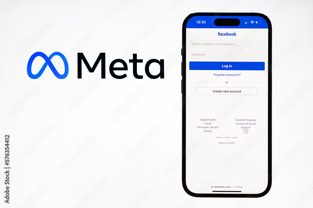 Madrid, Spain - February 23, 2023: Meta logo on white screen and ...