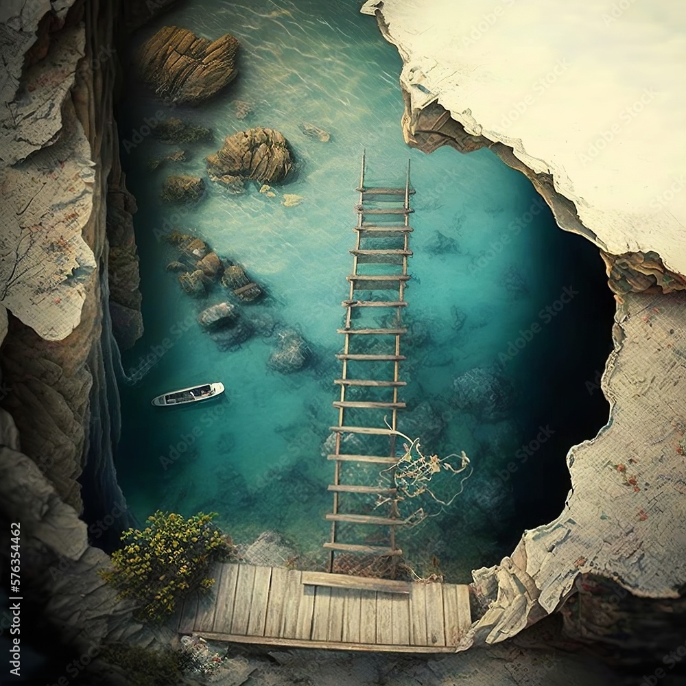 vacation spot, water, you have to climb down the ladder from top to ...