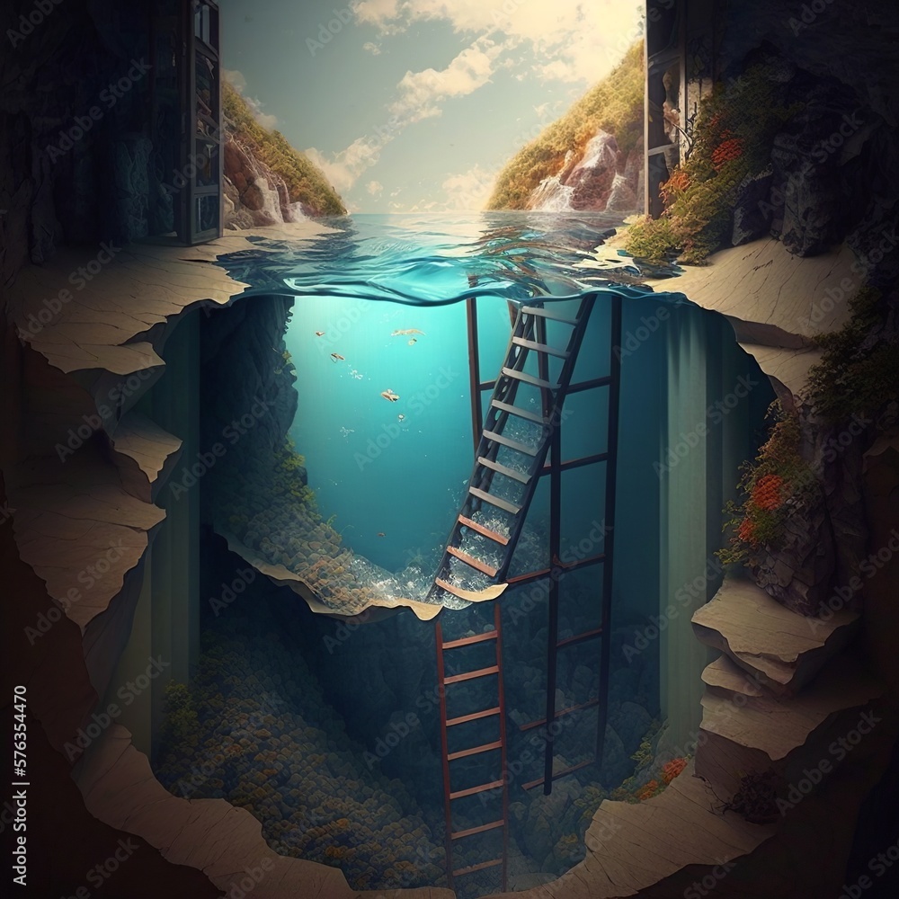 vacation spot, water, you have to climb down the ladder from top to ...