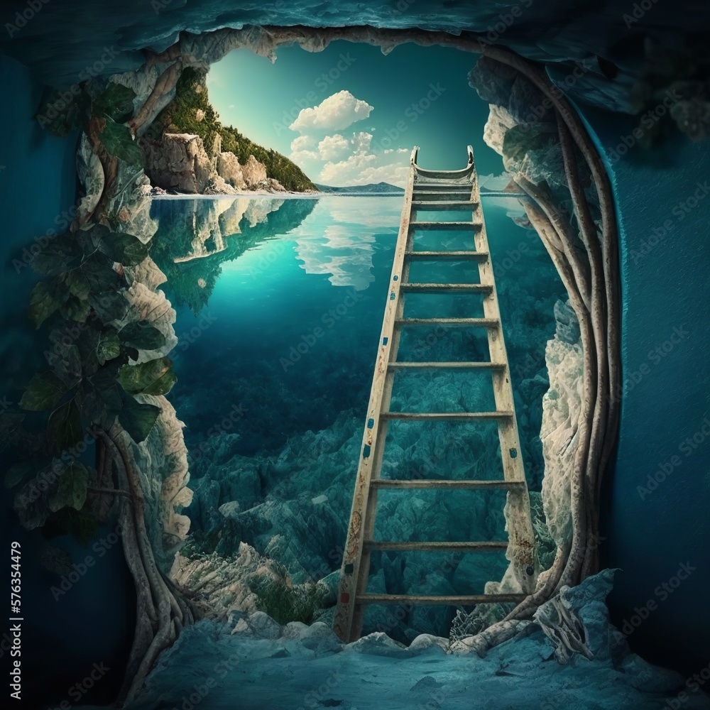 vacation spot, water, you have to climb down the ladder from top to ...