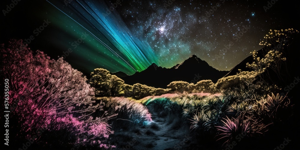 Colorful vivid background. High strong mountains in night, dark sky ...