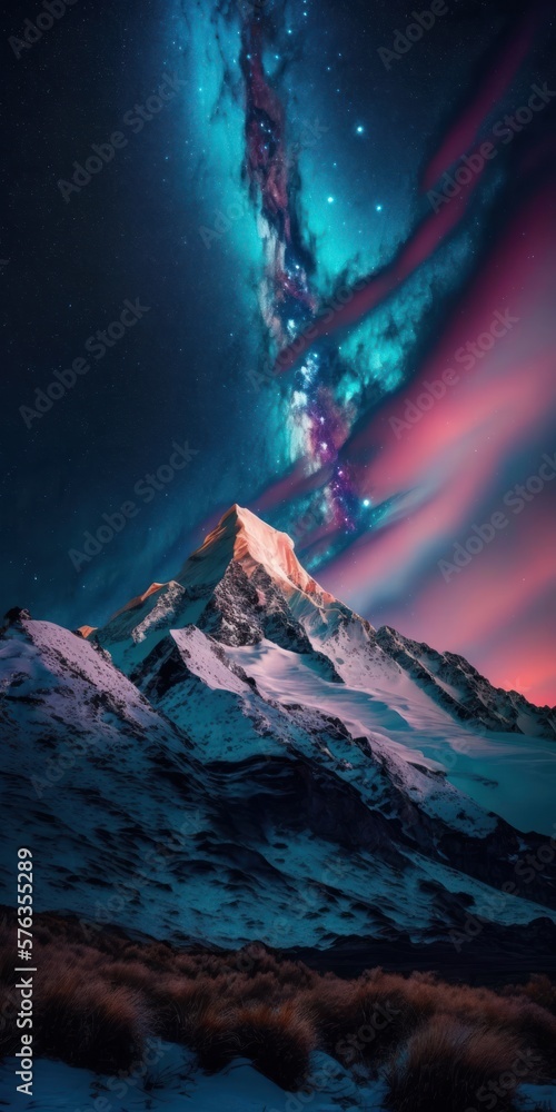 Colorful vivid background. High strong mountains in night, dark sky ...