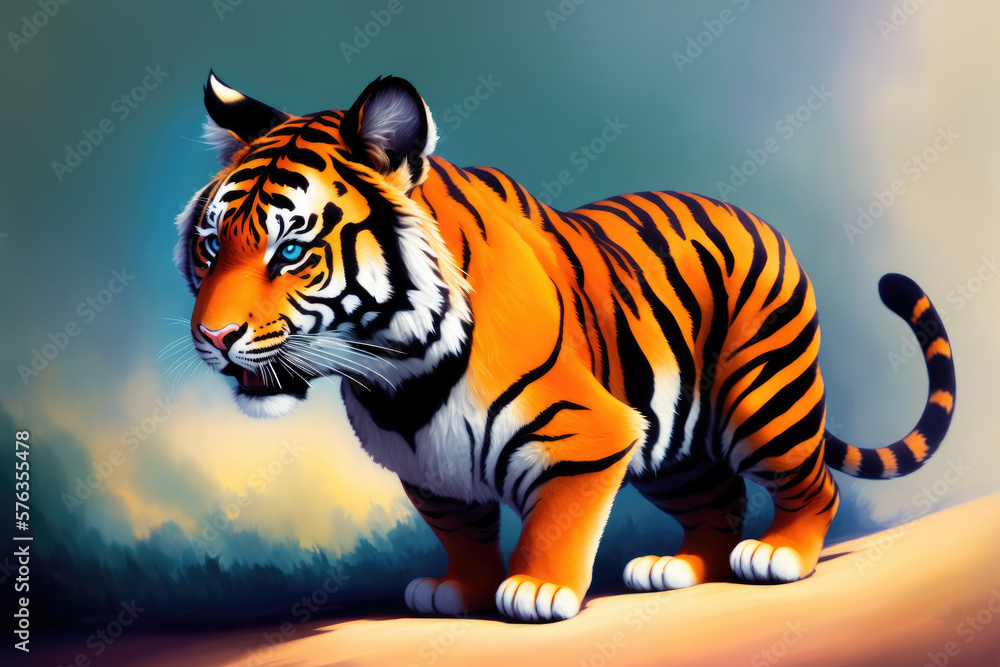 Digital painting of Beautiful tiger relaxing on warm day, Colorful ...