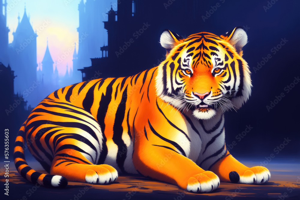 Digital painting of Beautiful tiger relaxing on warm day, Colorful ...