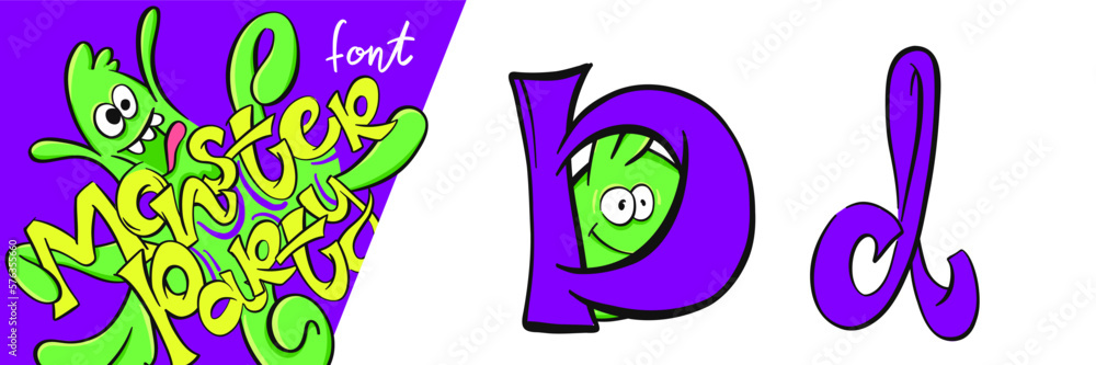 Letter D from the Monster party alphabet font. Large and small cartoon ...