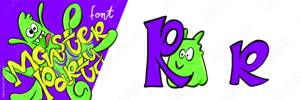 Letter R from the Monster party alphabet font. Large and small cartoon ...