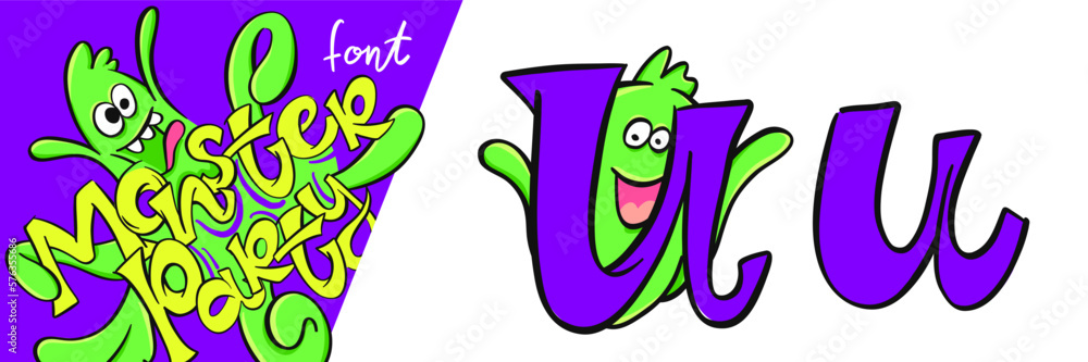 Letter U from the Monster party alphabet font. Large and small cartoon ...