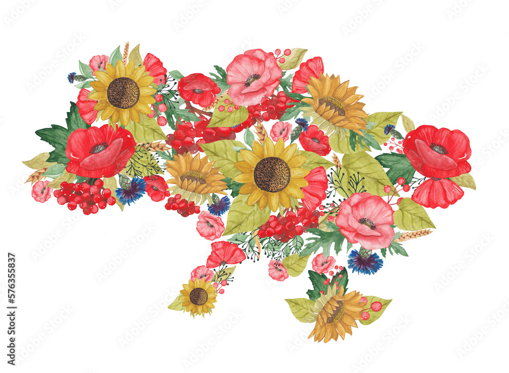 Watercolor illustration the map of Ukraine with flowers Stock ...