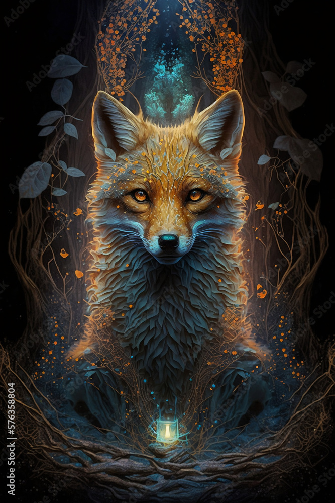 ancient magical molten fox spirit in a mystical arcane forest, cute and ...