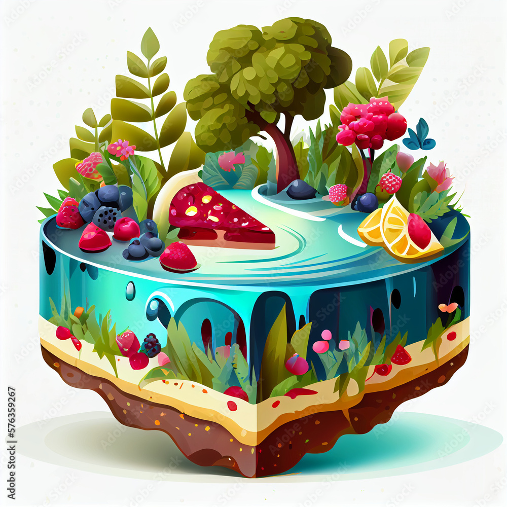 design of fruit fancy cartoon cake with cream and fruits berry in ...