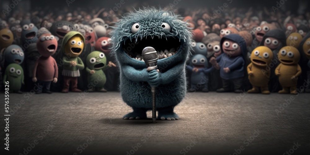 Cute monster speaks in front of an audience, fear of public speaking ...