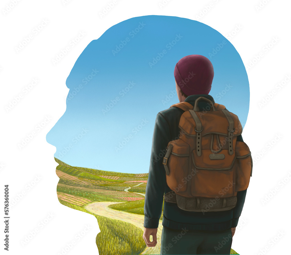 Backpacker traveler and the road in the field. Man alone with nature ...