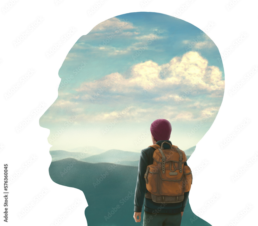 Backpacker traveler and the mountain and the sky. Man alone with nature ...