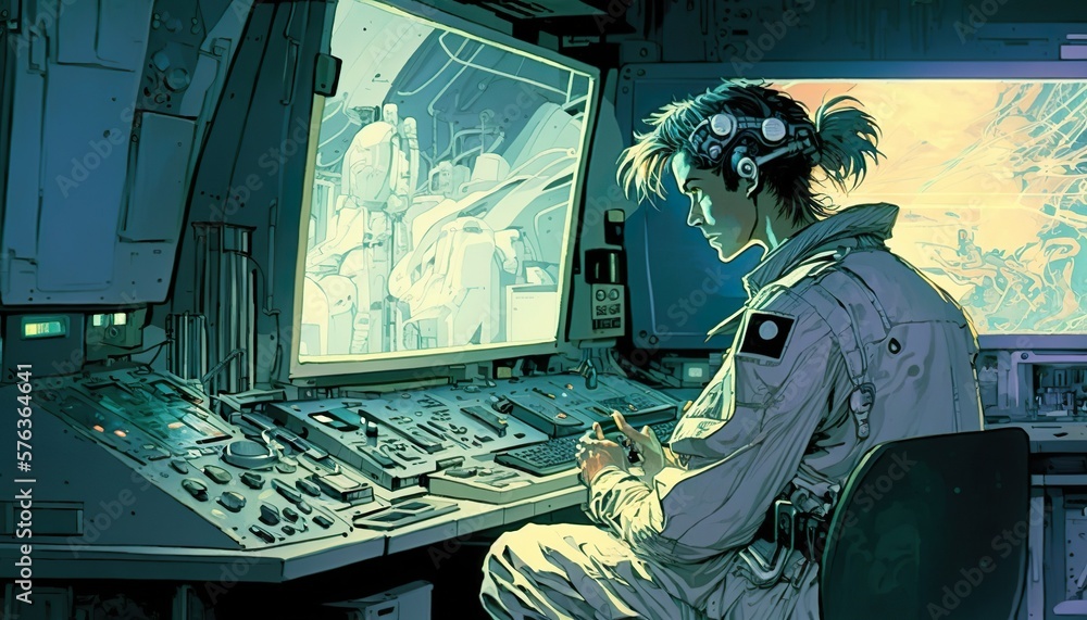person working on computer a horror city in the moon station around 2d ...
