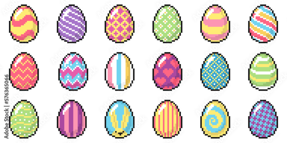 Easter egg icons in pixel art style with intricate patterns and motifs ...