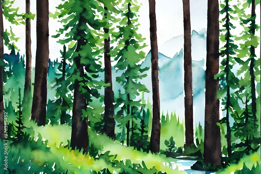 Watercolor Forest tree illustration. Mountain landscape. Woodland pine ...