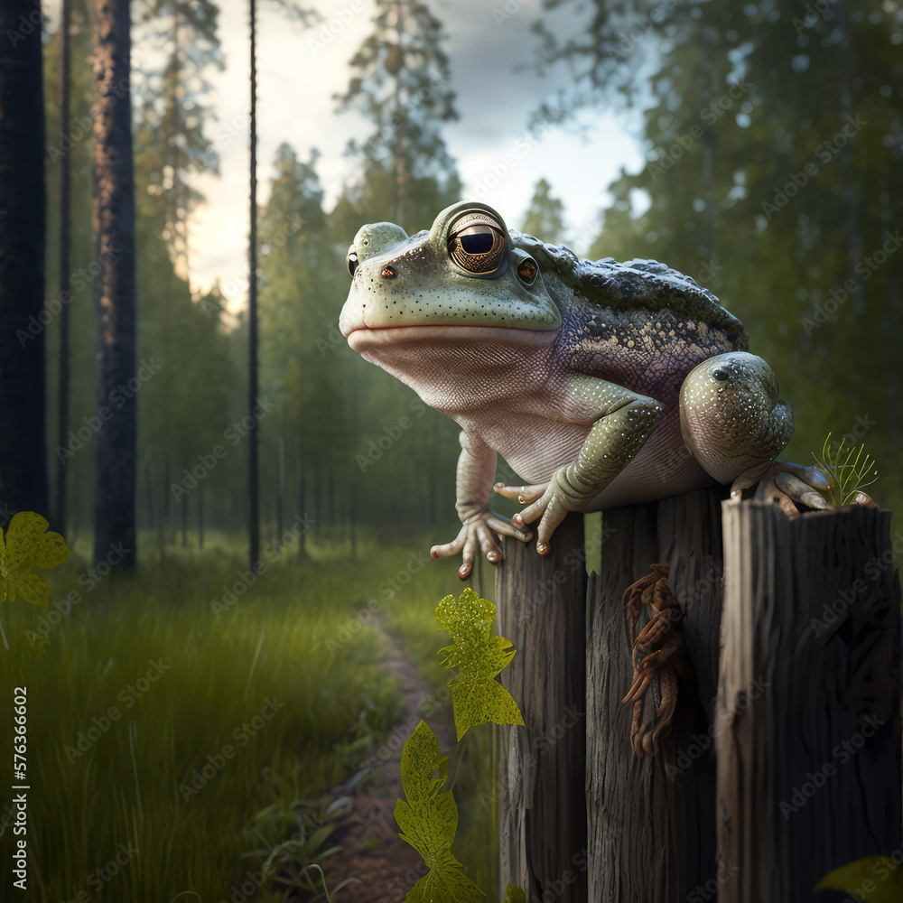 Realistic illustration of a giant frog sitting on a log in the forest ...
