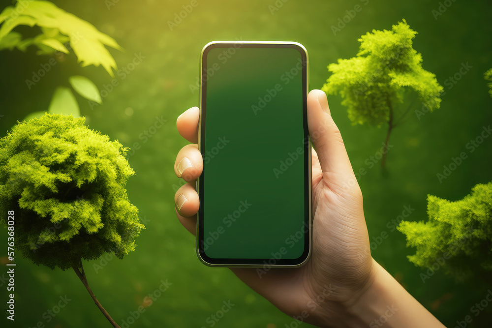 Human hand holding smartphone and green earth ESG icon environmental ...