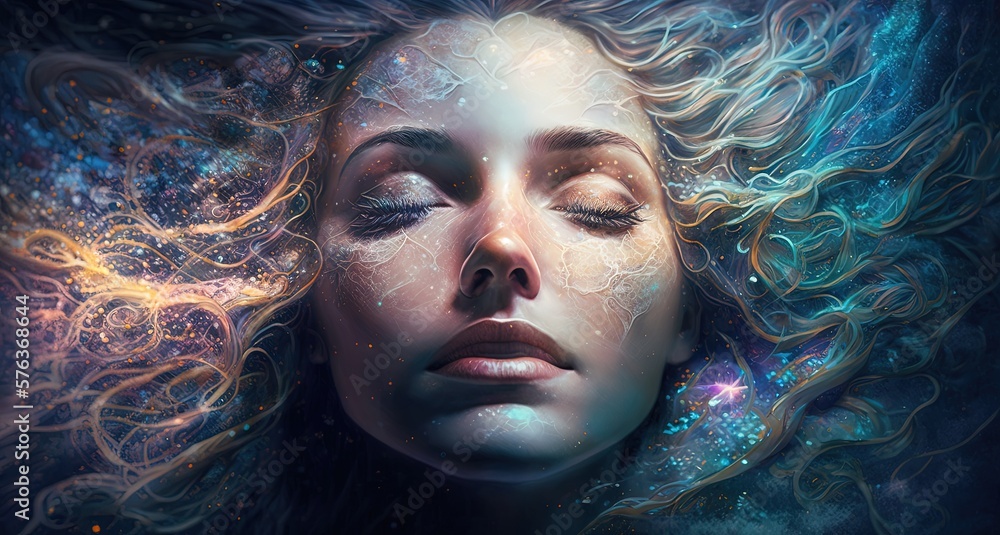 Lucid dreaming meditation woman close up floating in space galaxies ...