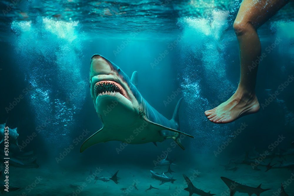 Killer man-eating shark attack attempt on a person in the water, legs ...