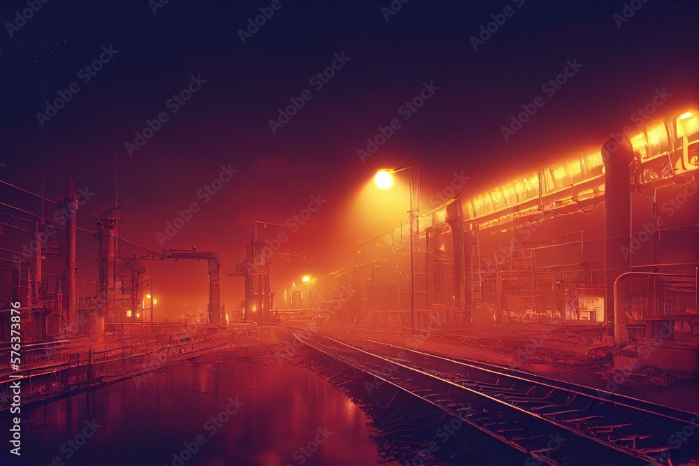 Eerie night scene of an industrial complex, with heavy machinery and ...
