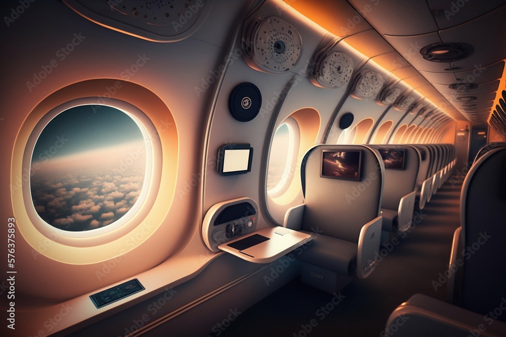 Airplane passenger cabin interior. Generative AI Stock Illustration ...