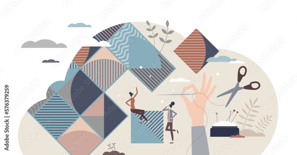 Quilting with needle and thread to join fabric layers together tiny ...