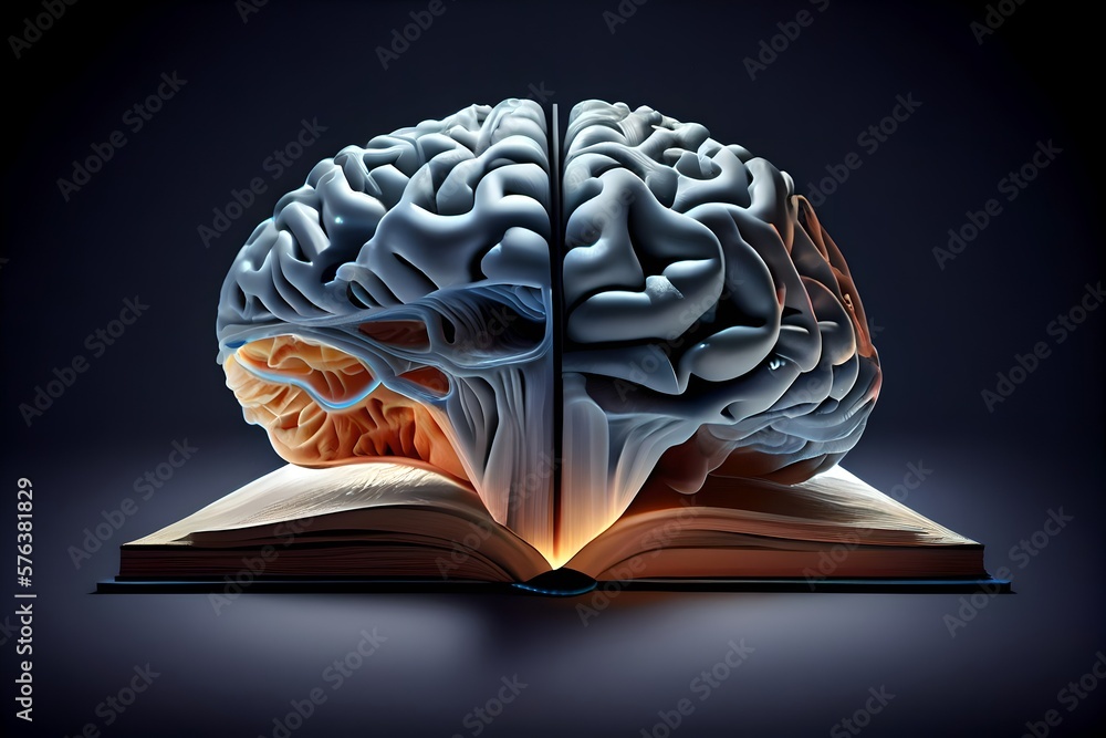 The human brain in a modern aura style, from below an open book from ...