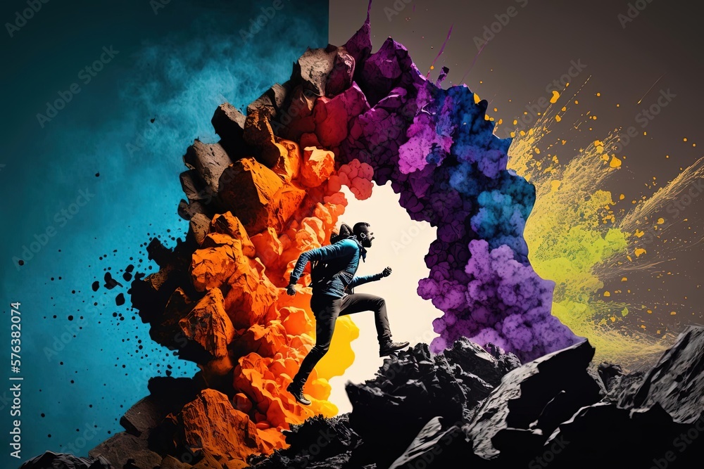 Colorful Action Painting of Man Jumping on Top of Rock Pile, Generated ...