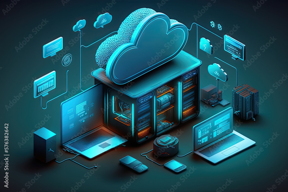 Cloud technology, computing. Devices connected to digital storage in ...
