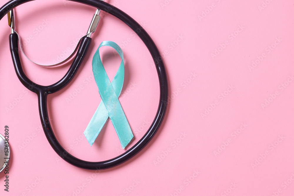 Teal awareness ribbon with stethoscope for Ovarian Cancer month ...