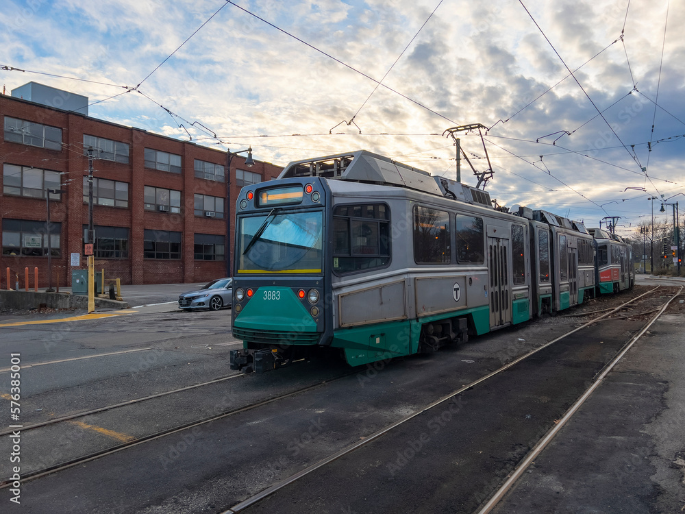 Boston MBTA Green Line Ansaldo Breda Type 8 train at Cleveland Circle ...