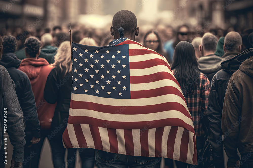 Crowd of people with American flag back view, rally and protest on city ...