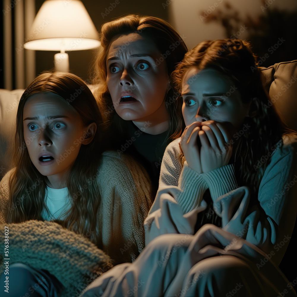 Group of women watching scary movie on sofa. Created using generative ...