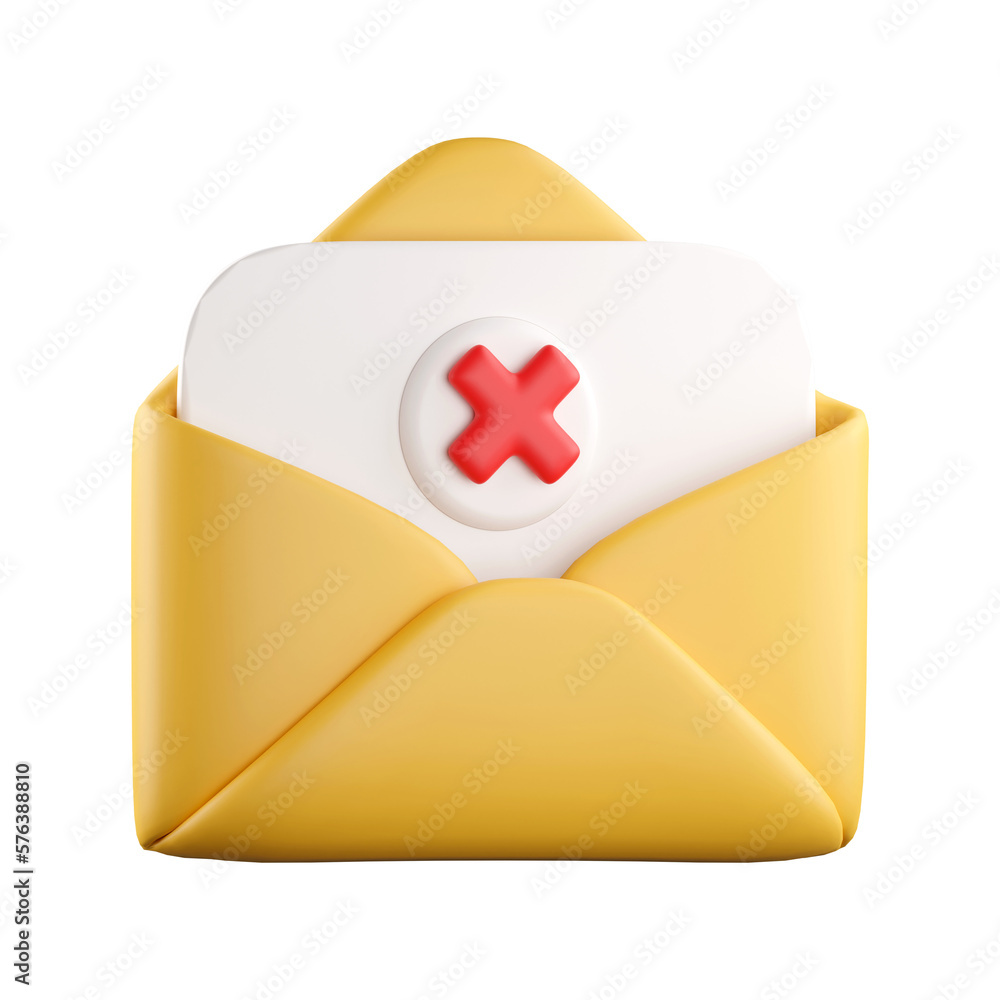 3D Mail sign with red cross x. Email rejected letter, unsubscribe ...