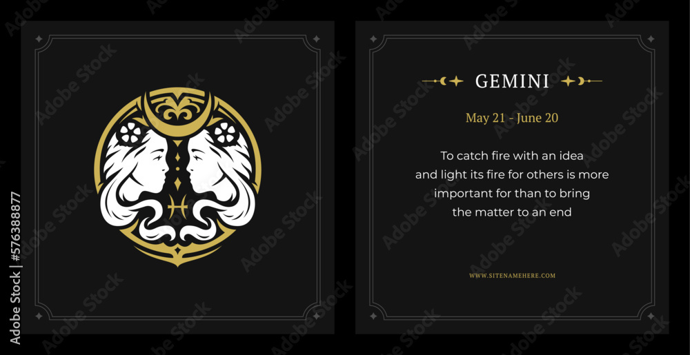 Gemini zodiac horoscope description data black vintage card set design ...