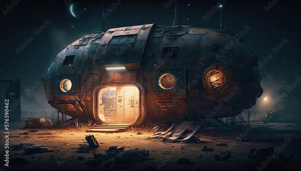 An abandoned and derelict space station, with flickering lights and ...