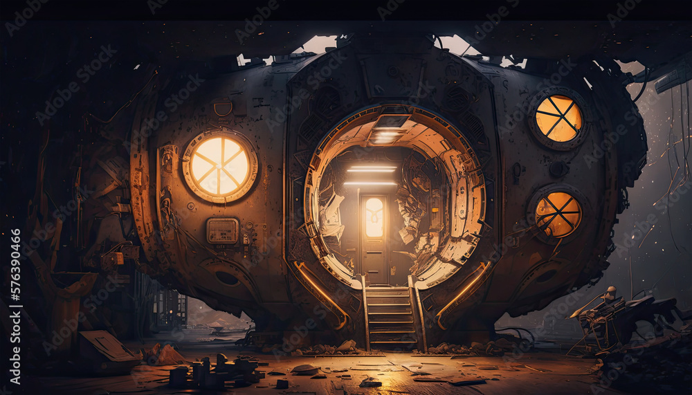 An abandoned and derelict space station, with flickering lights and ...