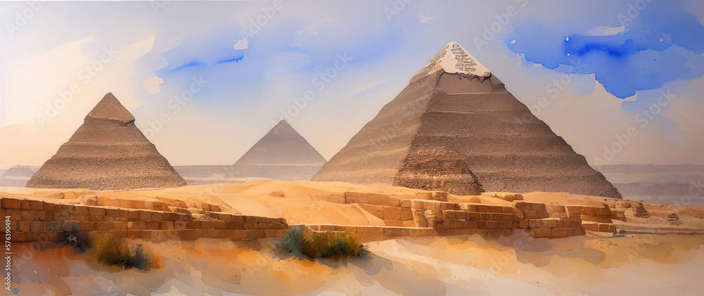 Watercolor drawing of the Giza plateau with the great pyramids in Egypt ...
