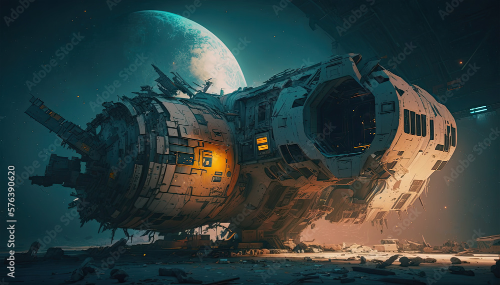 An abandoned and derelict space station, with flickering lights and ...