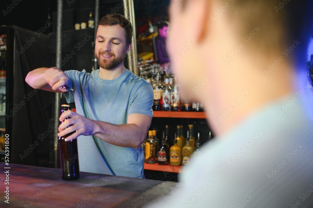 Portrait Of Smiling Male Bar Owner Standing Behind Counter Stock Photo ...