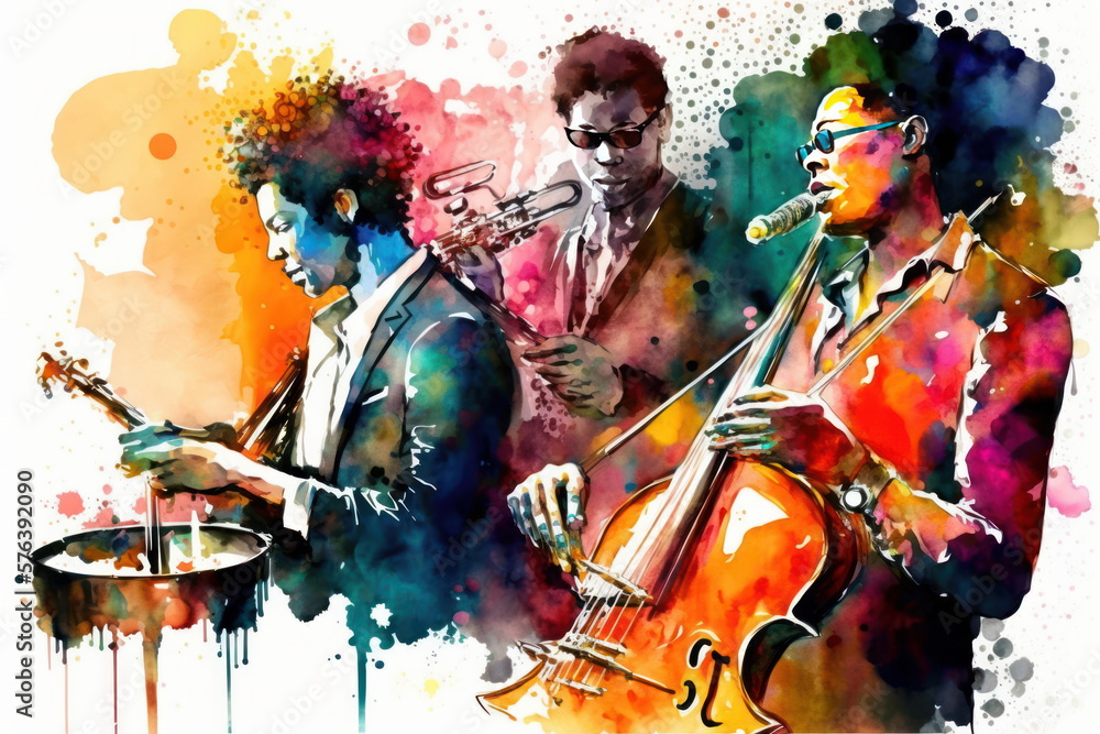 Group of jazz musicians. Watercolor. Generative Ai Stock Illustration ...