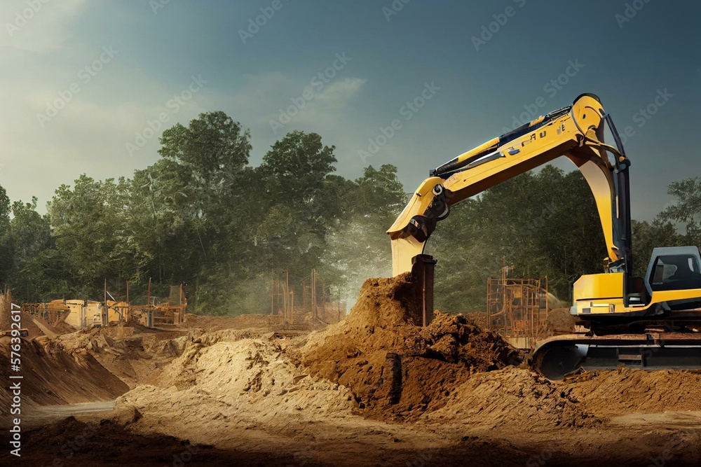 Excavator working at house construction site - digging foundations for ...