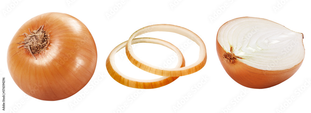 cebola inteira, cebola cortada e fatias de cebola em fundo transparente ...