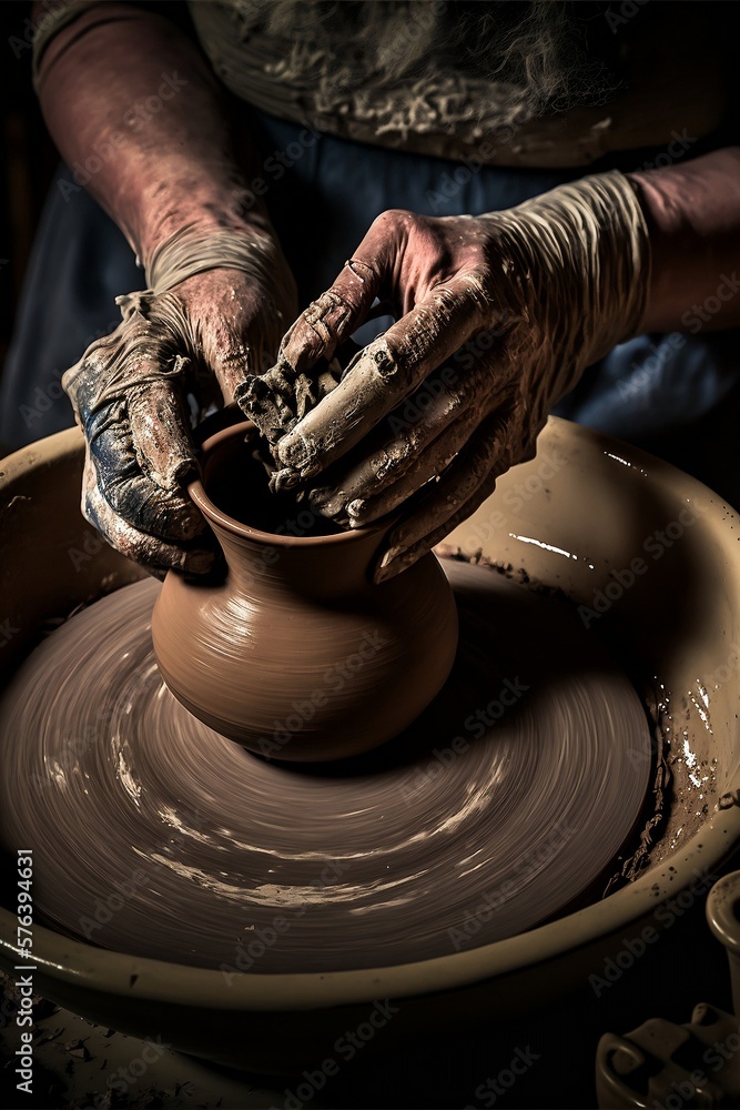 main en train de modeler une pièce de terre cuite sur un tour de potier ...