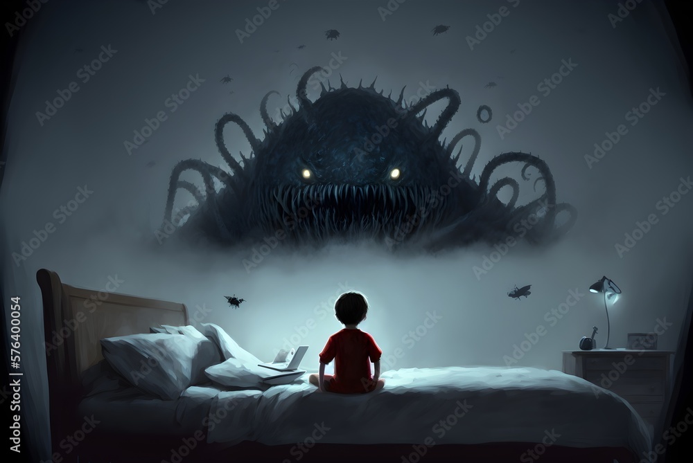 nightmare concept showing a boy on bed facing giant monster in the dark ...