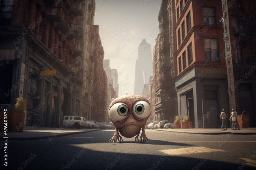Cute and sad alien monster sitting alone on the street of a big city ...
