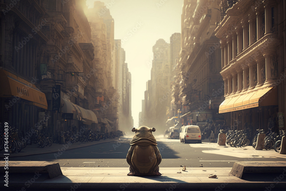 Cute and sad alien monster sitting alone on the street of a big city ...