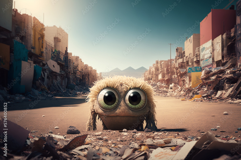 Cute and sad alien monster sitting alone on the street of a big city ...